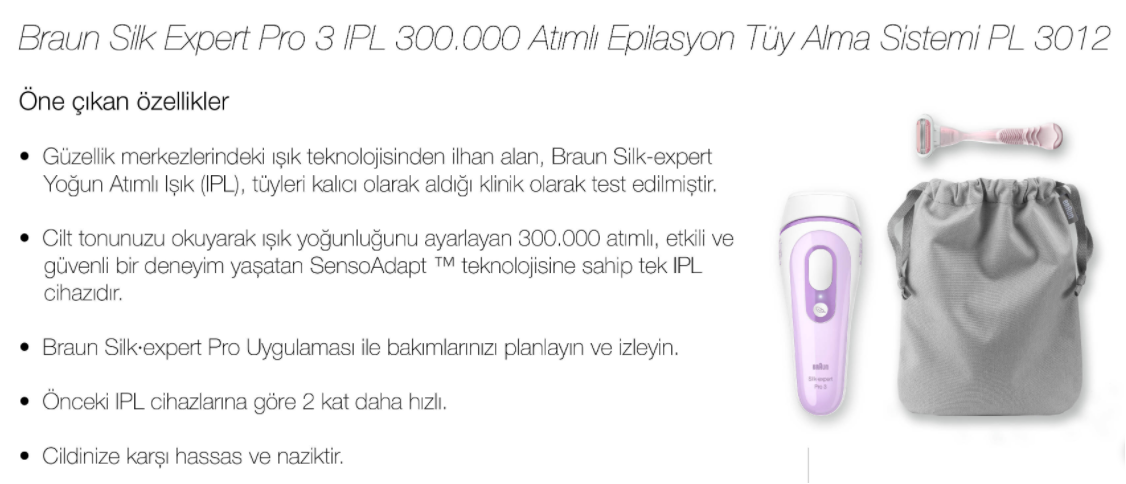Braun Silk-Expert Pro 3 PL3012 IPL Epilatör Bosch Ankara Bayisi - 444 28 01